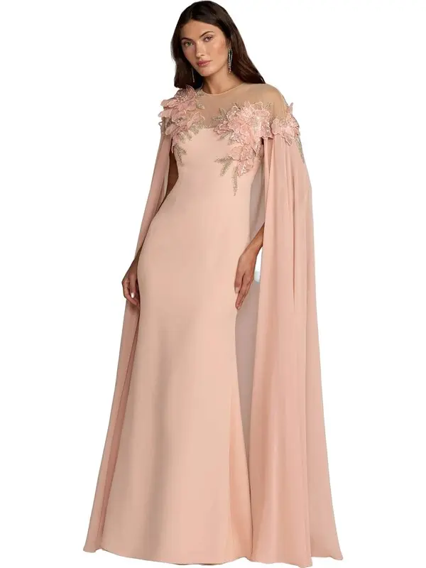 Mac Duggal Embellished Crepe Gown With Chiffon Cape - Blush