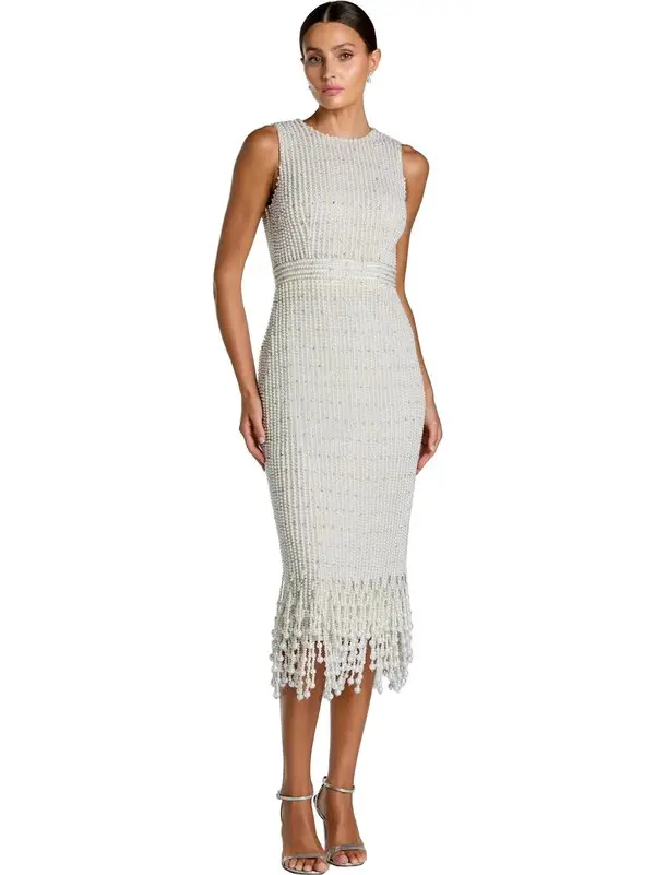 Mac Duggal Pearl Embellished Sleeveless Midi Dress - Ivory