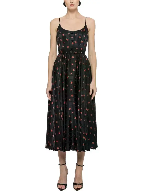 NISSA Belted Printed Midi Dress - Black
