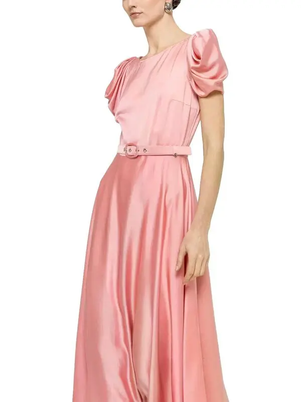 NISSA Belted Puff-sleeve Midi Dress - Pink
