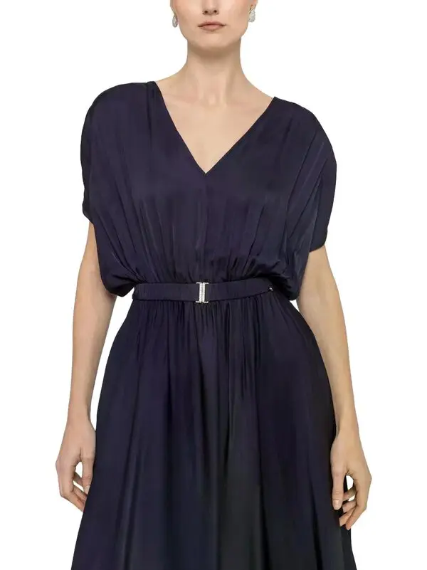 NISSA Belted V-neck Midi Dress - Blue