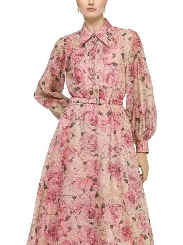 NISSA Floral-print Midi Shirt Dress With Belt - Pink
