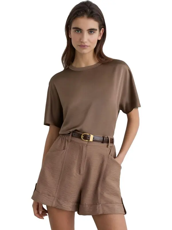 REISS Lena Silk Short-sleeve Top - Taupe Brown