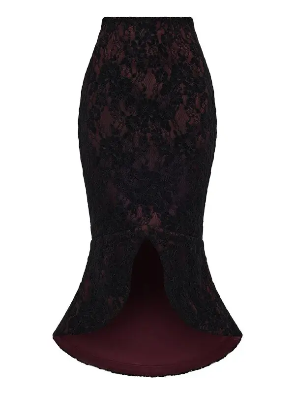 RASARIO Lace & Satin Midi Skirt - Burgundy