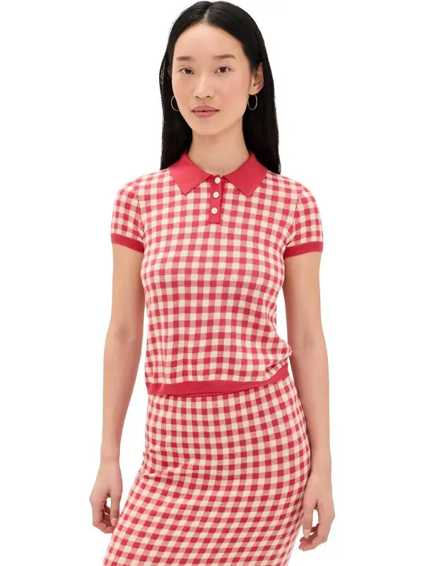 Guest In Residence Gingham Shrunken Polo - Scarlet/mist