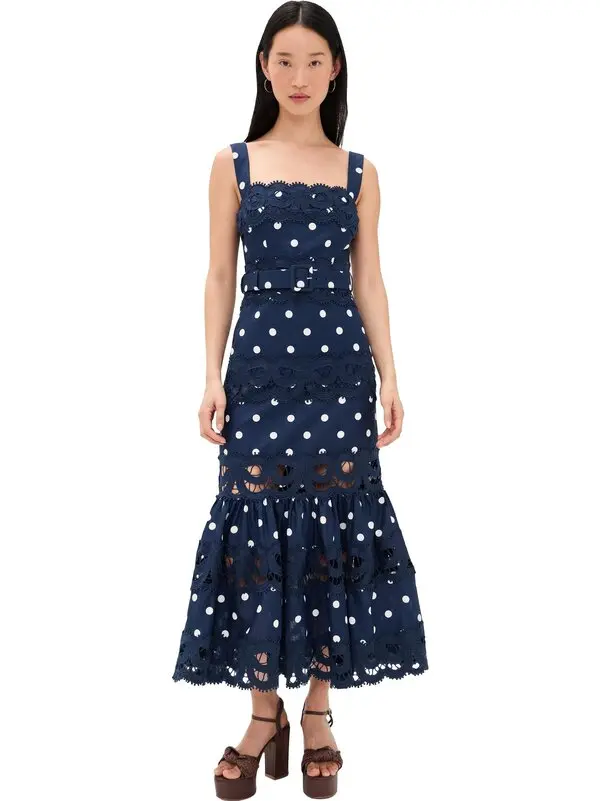 SELF-PORTRAIT Polka Dot Midi Dress - Navy