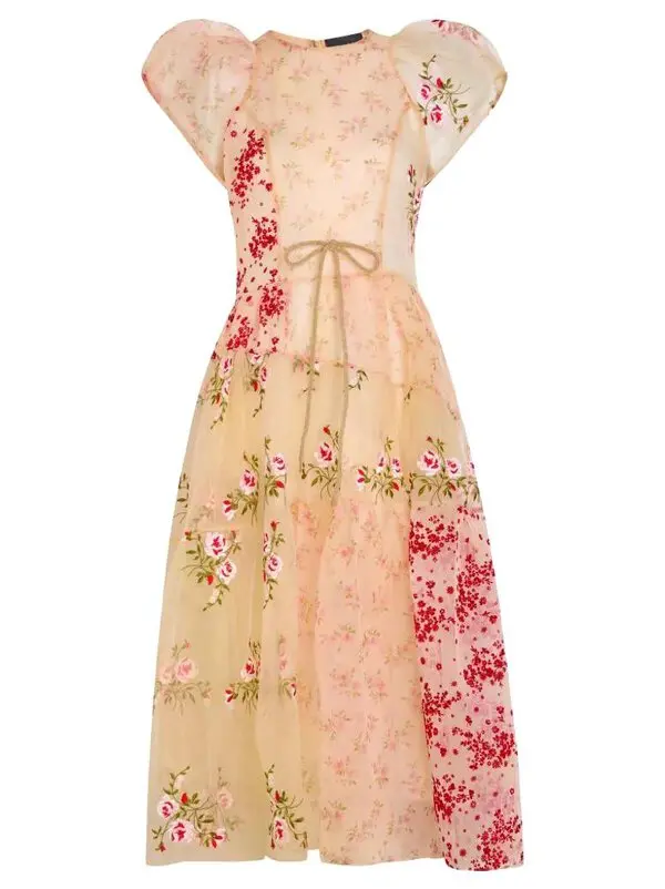 Simone Rocha Puff-sleeve Floral-pattern Midi Dress - Neutrals