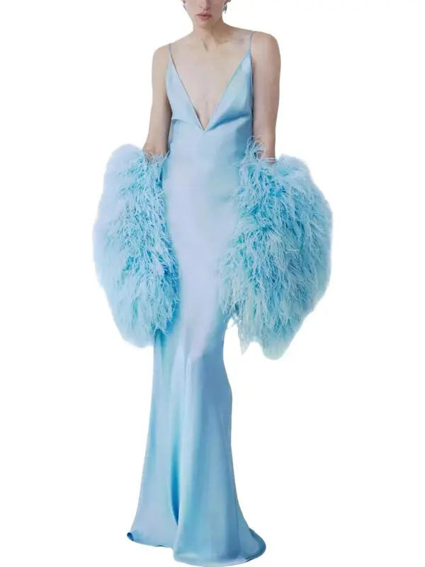 THE NEW ARRIVALS ILKYAZ OZEL Claudie Feather Maxi Dress - Blue