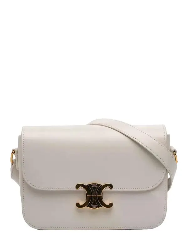 Celine 2024 Classique Shiny Calfskin Triomphe Crossbody Bag - White