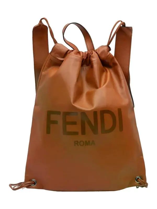 Fendi Leather Logo Drawstring Backpack - Brown