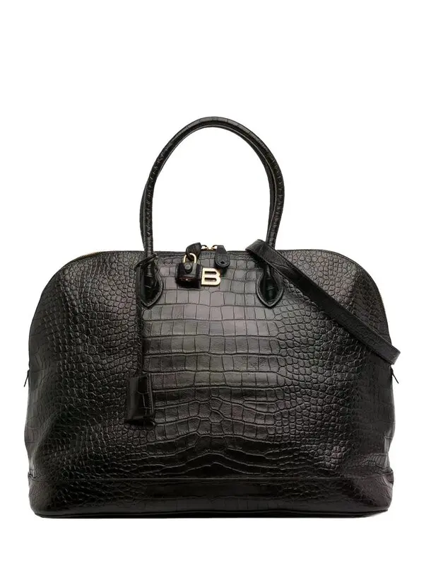 Balenciaga Large Croc Embossed Ville Top Handle Bag - Black