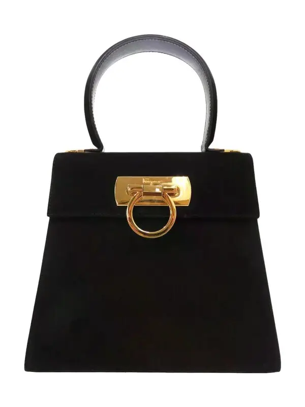FERRAGAMO Small Suede Gancini Top Handle Satchel - Black