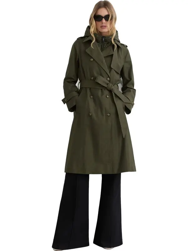 REISS Azura Hooded Insert Trench Coat - Khaki Green
