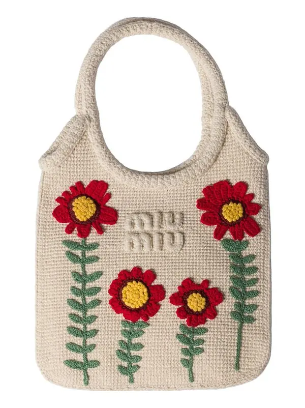 Miu Miu Ivy Embroidered Cotton Handbag - Natural