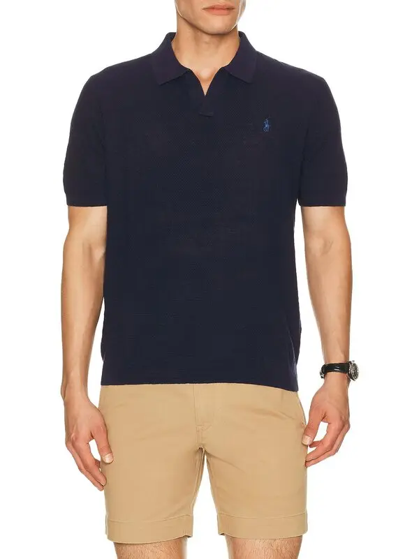 Polo Ralph Lauren Short Sleeve Textured Johnny Collar Polo Sweater - Bright Navy & Deckwash White
