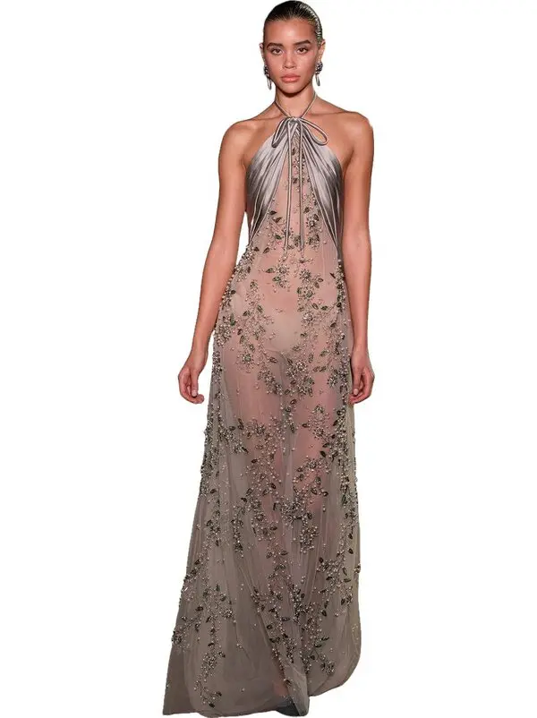 GEORGES HOBEIKA Halter Neck Embellished Maxi Dress - Grey