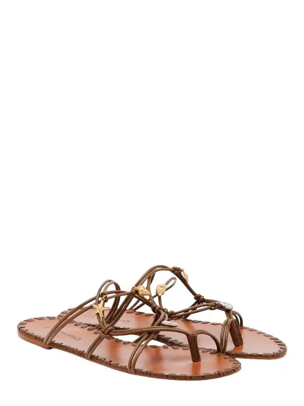 Farm Rio Embellished Leather Sandals - Brown