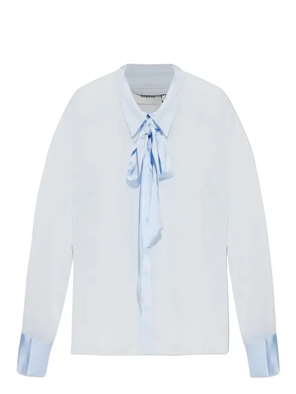 GESTUZ Semi-sheer Button-up Shirt With Bow - Blue