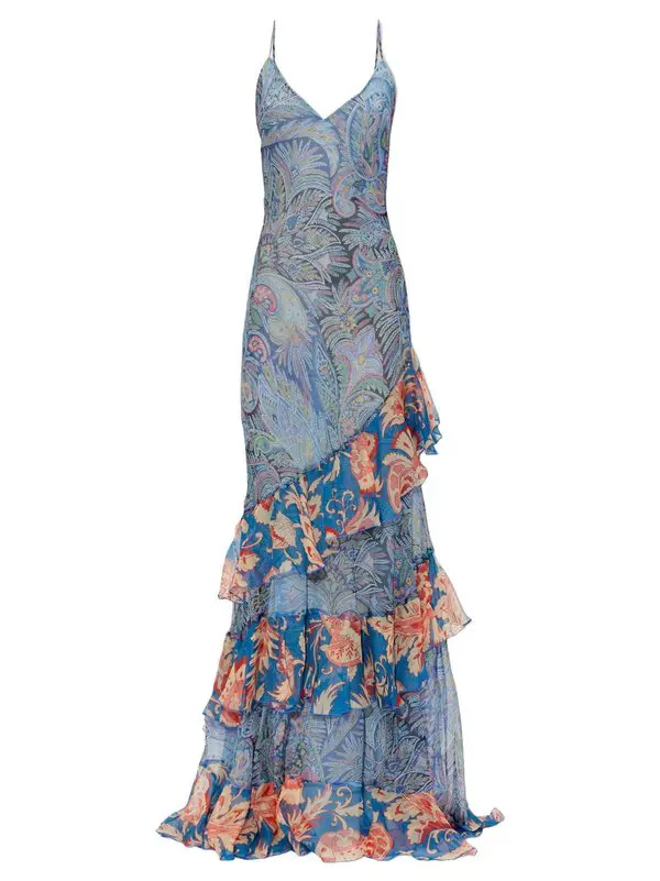 Etro Silk Spaghetti Strap Maxi Dress - Blue