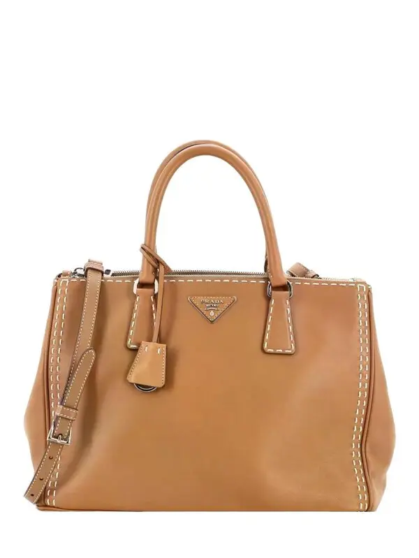 Prada Galleria Double Zip Tote Stitched Leather Medium Crossbody Bag - Brown