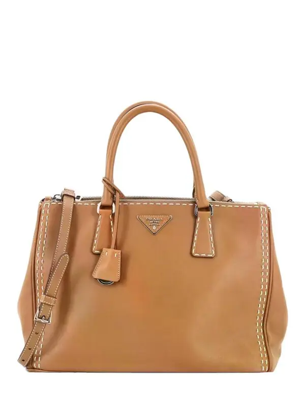 Prada Galleria Double Zip Tote Stitched Leather Medium Crossbody Bag - Brown