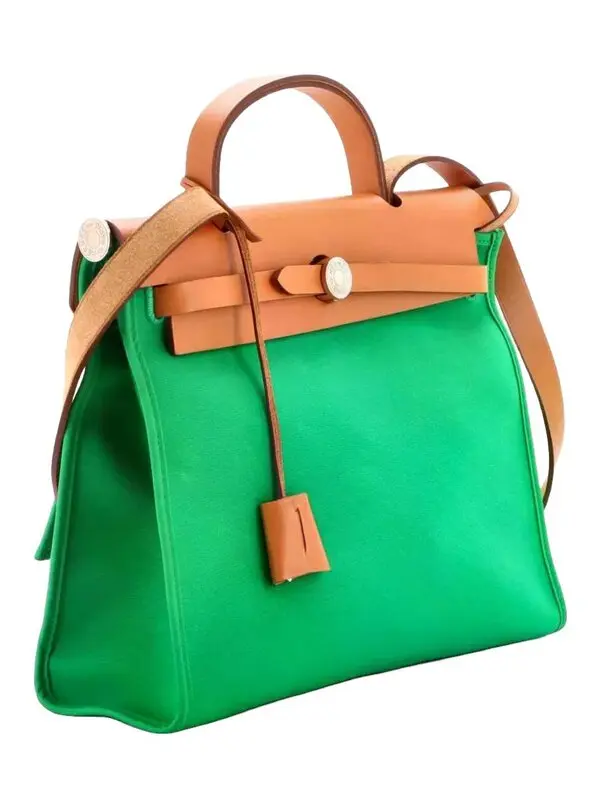 Hermès Herbag Zip Leather And Toile 31 Shoulder Bag - Green