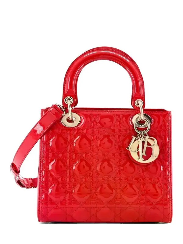 Dior Lady Cannage Quilt Patent Medium Satchel - Red