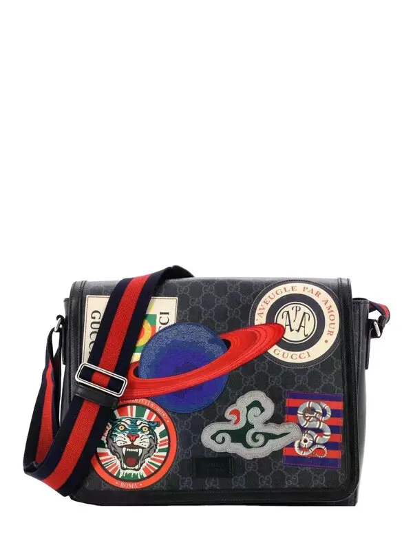 Gucci Night Courrier Flap Messenger Gg Coated Canvas With Applique Large Crossbody Bag - Black