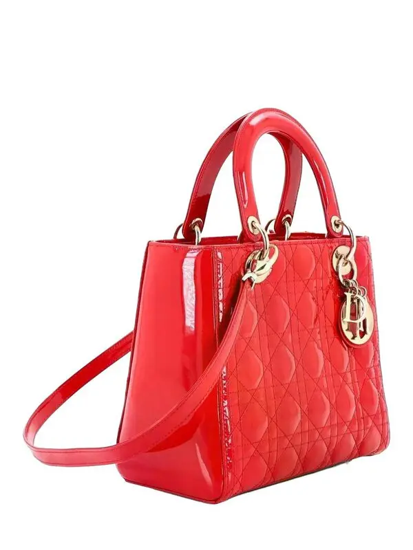 Dior Lady Medium Satchel Cannage Quilt Patent - Red