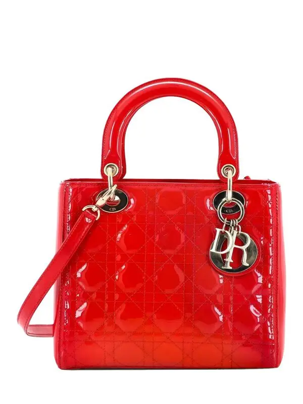 Dior Lady Medium Satchel Cannage Quilt Patent - Red