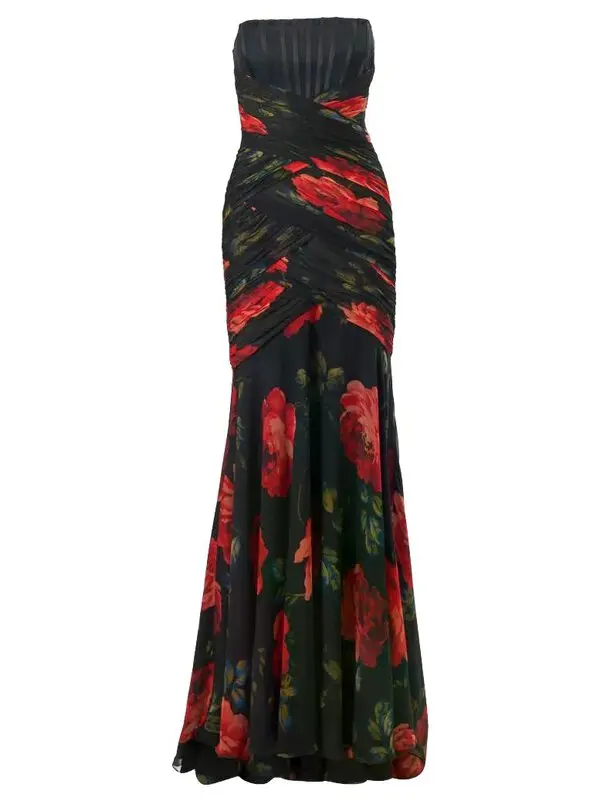 Carolina Herrera Rose-print Chiffon Bustier Gown - Black