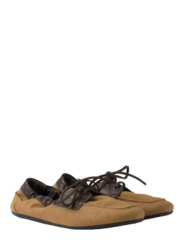 Prada Aged Canvas And Leather Boat Shoes - Brown
