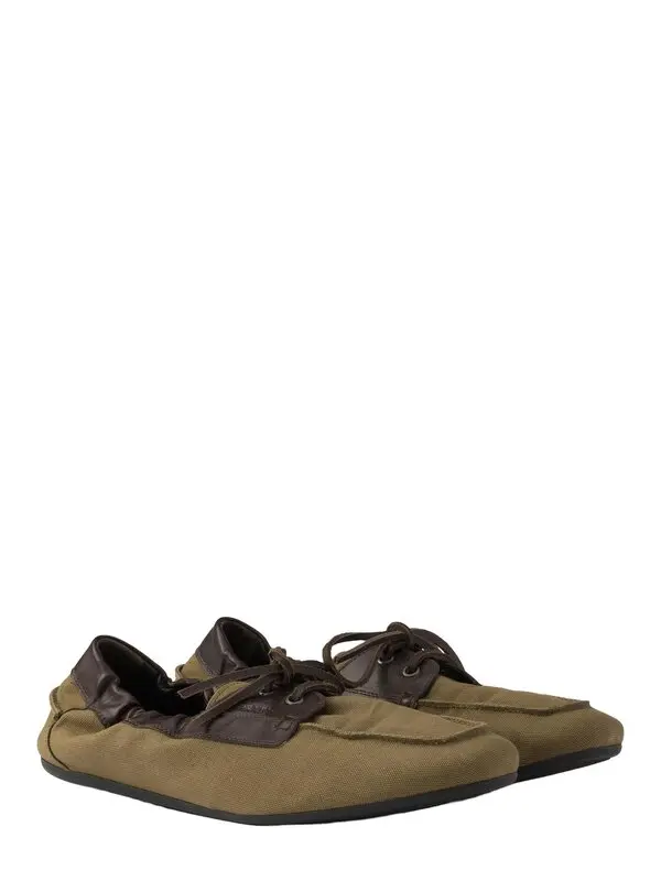 Prada Aged Canvas And Leather Boat Shoes - Green