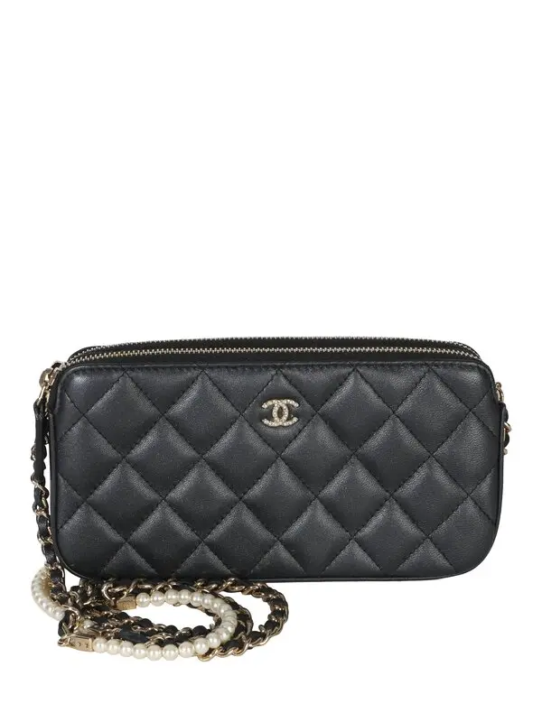 Chanel Quilted Lambskin Double Zip Clutch With Chain - Black