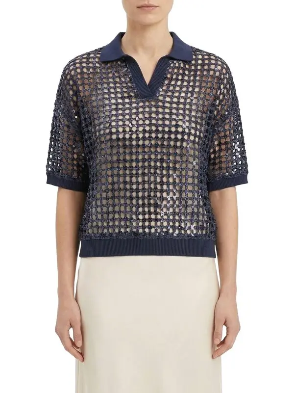 Brunello Cucinelli Sequined Silk And Linen Knit Polo - Blue