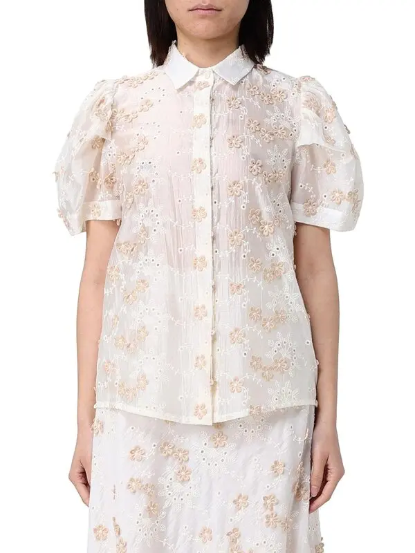 HANITA Sangallo Lace Shirt With Puff Sleeves - Beige