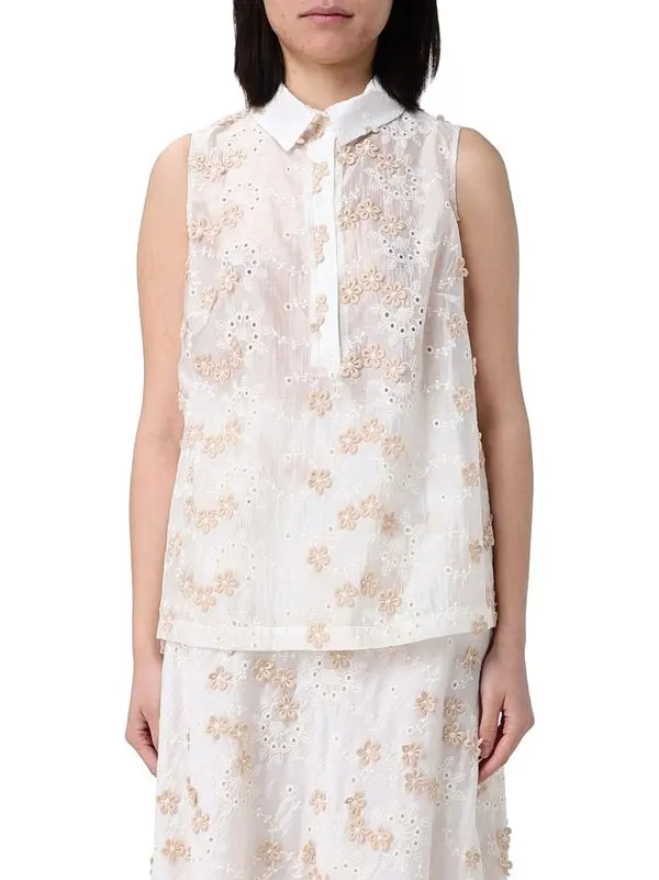 HANITA Sangallo Lace Floral Sleeveless Shirt - Beige
