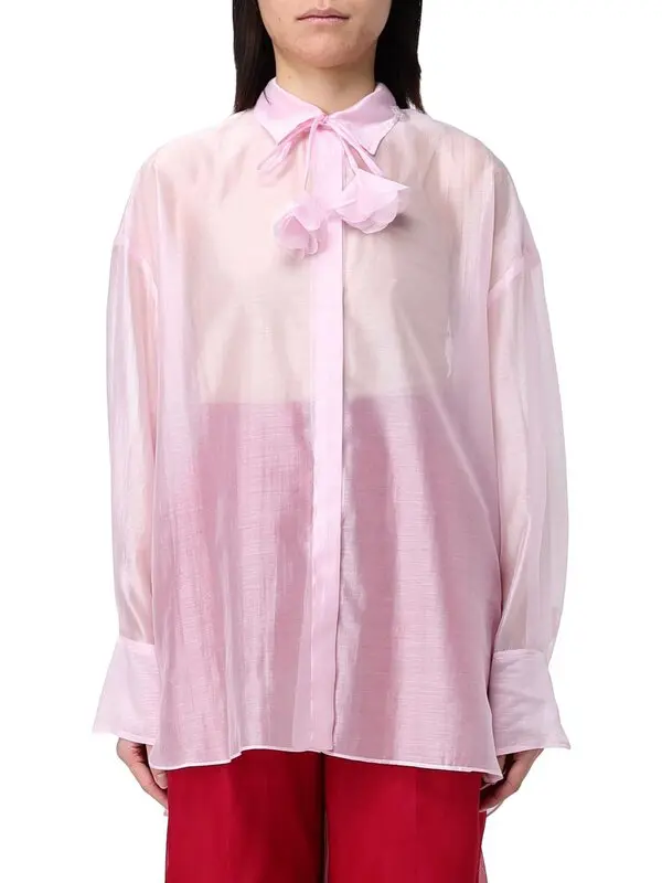 HANITA Chiffon Shirt With French Collar And Dropped Shoulders - Pink