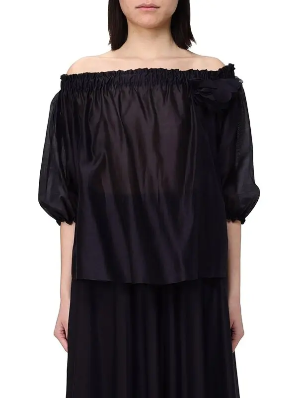 HANITA Crepe Blouse With Flower Appliqu - Black