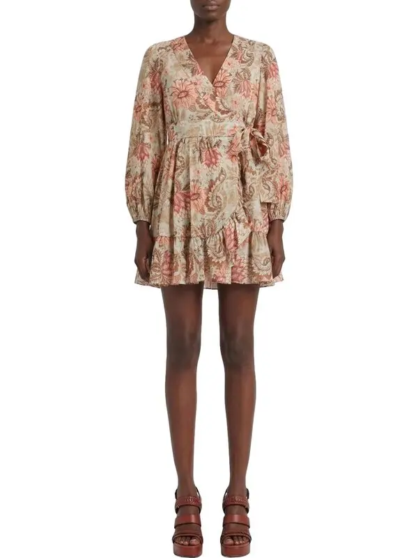 Zimmermann Floral Print Cotton Wrap Mini Dress - Sage
