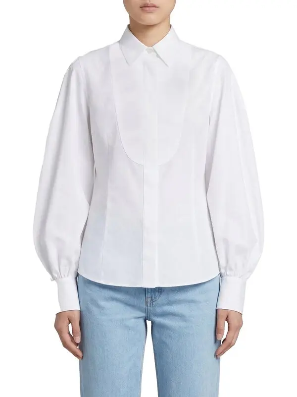 Brunello Cucinelli Cotton Shirt With Embroidered Plastron And Balloon Sleeves - White