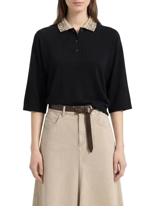 Brunello Cucinelli Cotton Polo With Lurex Embellished Collar - Black