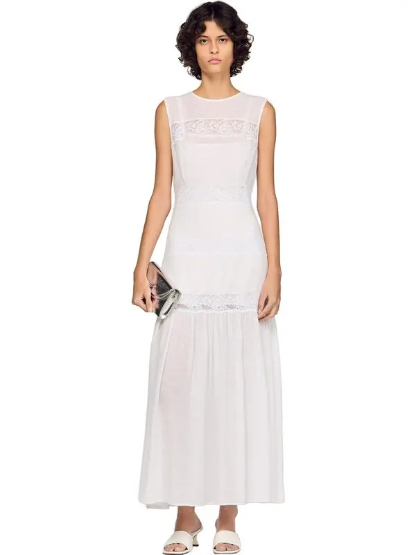 Sandro Crepon Maxi Dress With Lace Trim - White