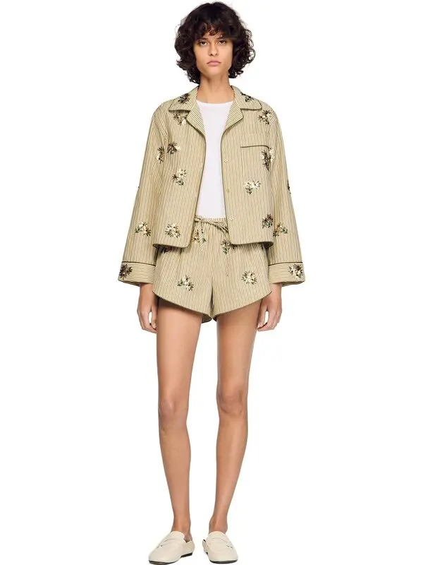 Sandro Floral Embroidered Striped Shorts - Olive Green