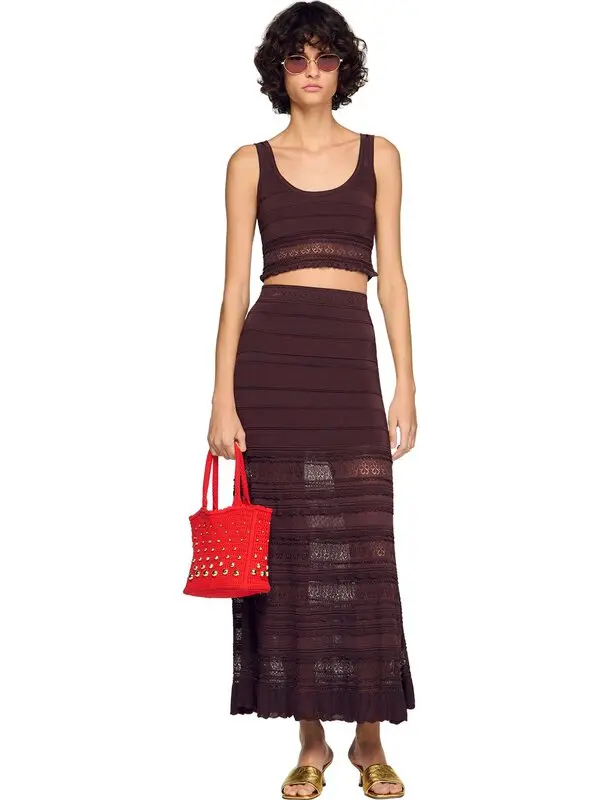 Sandro Pointelle Knit Crop Top - Brown