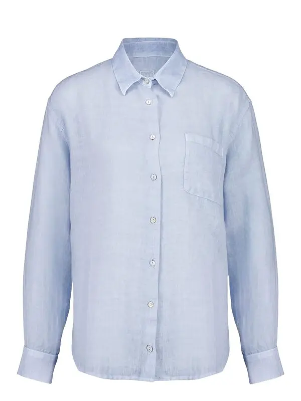 120% Lino Long Sleeve Linen Shirt With Front Pocket - Blue