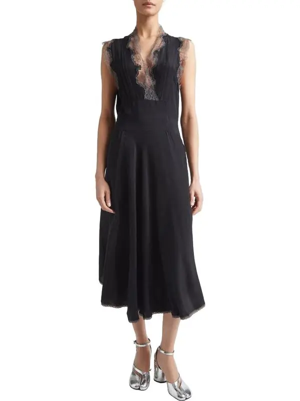 MAISON MARGIELA Lace Trim Satin Midi Dress - Black