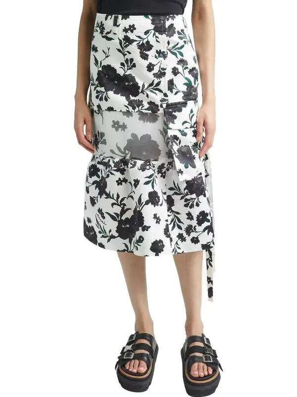 Sacai Mixed Media Floral Midi Skirt - White