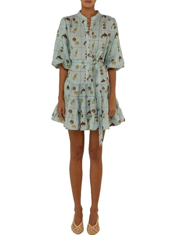 PALM NOOSA Ruba Mini Dress Tiered Skirt, Blouson Sleeve, Belted - Seashell Tile