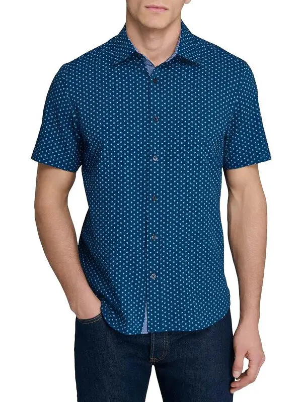 CON.STRUCT Slim Fit Falling Feathers Seersucker Short Sleeve Shirt - Navy/green